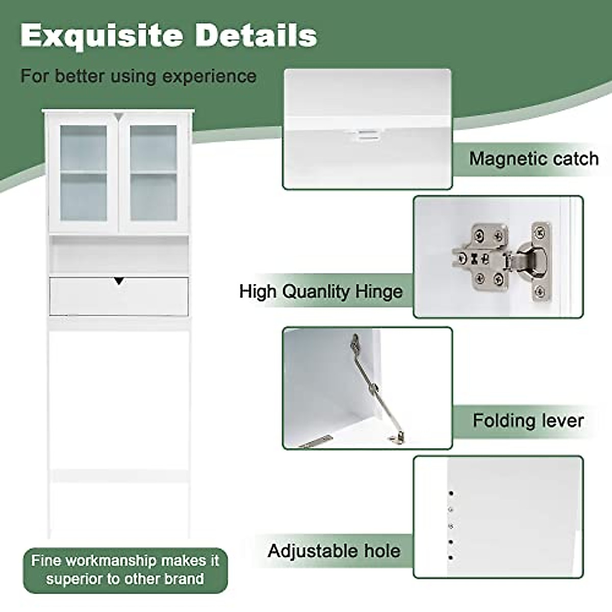 ivinta Over The Toilet Bathroom Storage Cabinet with Adjustable Shelf, Space-Saving Wooden Over Toilet Bathroom Organizer Wall Mounted Rack, 10Dx23.6Wx67.5H (White)