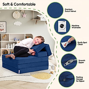 Toddler Couch, Kidirect K1 6-in-1 Kids Folding Sofa Bed, Convertible Kids Sofa Couch to Toddler Sofa Bed Lounger, Comfy Fold Up Floor Bed Nap Mat, Yoga Exercise, Foldable Floor Mattress for Kids(Blue)