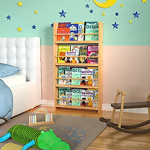 Purbambo Kids Bookshelf Wall Mounted, 4 Tier Bamboo Book Shelf, Kids Books Storage Rack for Bedroom, Living Room, and Classroom