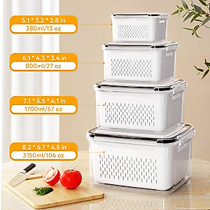 4 Pack Fruit Storage Containers for Fridge with Removable Colanders, Airtight Produce Vegetable Berry Containers for Fridge, All-In-One Food Storage Containers for Washing, Draining, Freshness