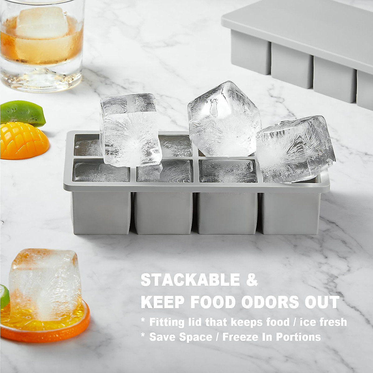 Nax Caki Silicone Ice Cube Tray with Lid 2 Pack (2024 New Version - Secured,Easy Release,Odor Free),Stackable Large Ice Cube Molds, 2" Square Whiskey Ice Cubes Mold for Bourbon,Cocktails,Frozen Treats