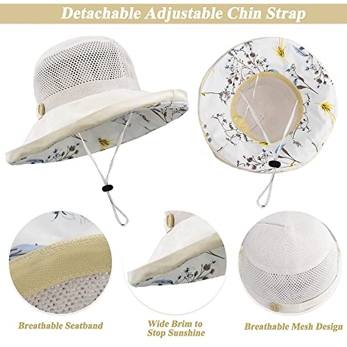 Mesh Sun Hats Women's Foldable Fishing Hat Wide Brim Summer Outdoor UV Protection Beach Bucket Cap with Chin Strap Beige