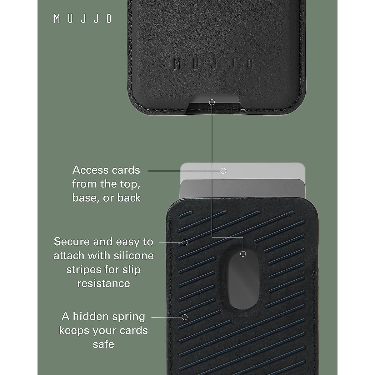 Mujjo Full Leather Magnetic Wallet for iPhone - Three-Card Easy-Access Design - Made from Luxurious Leather & Microfiber - Slim, Secure Design - Black