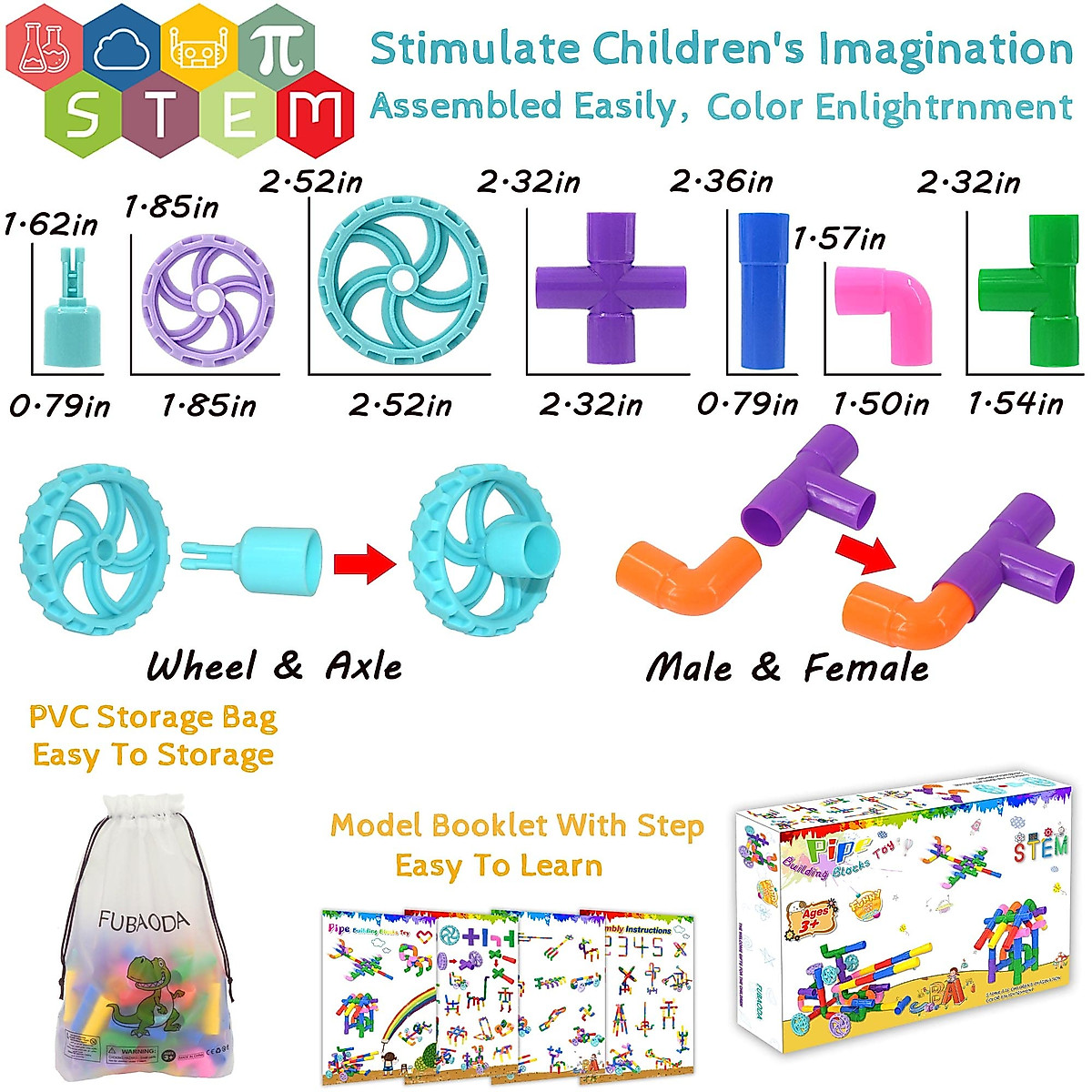 FUBAODA STEM Learning Pipe Tube Toys, Tube Locks Construction Building Blocks 96 Pcs - Multicolor Educational Building Blocks Set with Wheels& Spouts & Joints for Kids Ages 3+