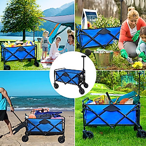 HHXRISE Collapsible Folding Wagon, Beach Cart with Wheels Foldable, Utility Heavy Duty Wagon with Portable, Large Capacity, Adjustable Handle, Side Pockets for Camping, Shopping, Garden, Picnic - Blue