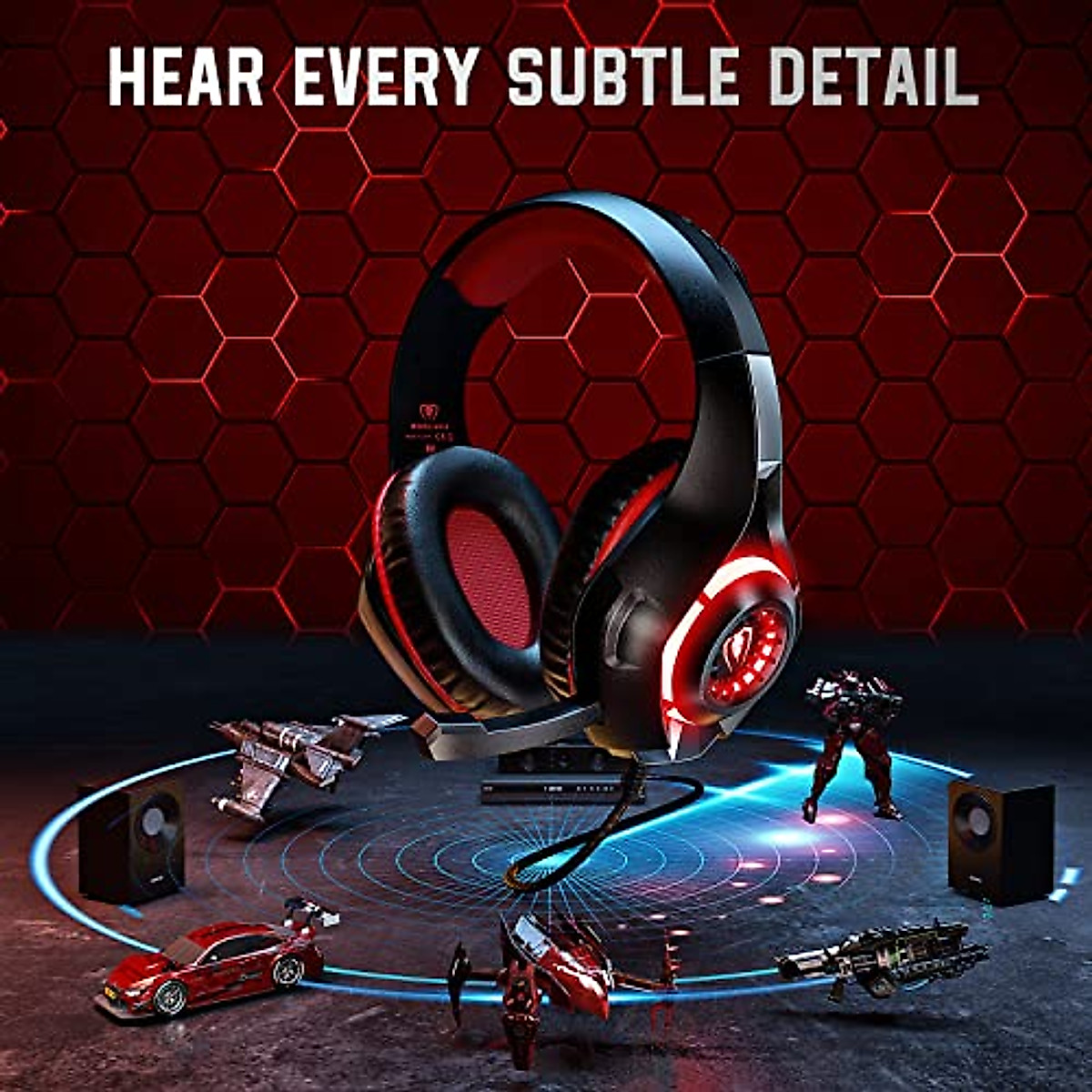 Tatybo Gaming Headset for Ps4 Ps5 Xbox One Switch PC with Noise Canceling Mic, Deep Bass Stereo Sound (Black Red)