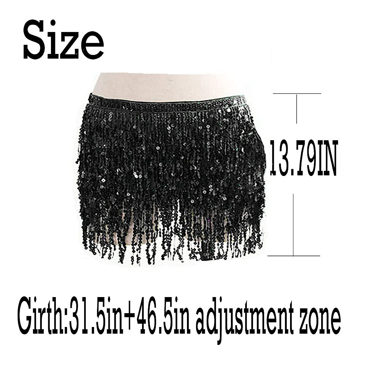 Clataly Belly Dance Sequined Tassel Skirt Hip Scarf Straps Wrap Rave Skirts Rave Music Festival Costume for Women Girls (Black)