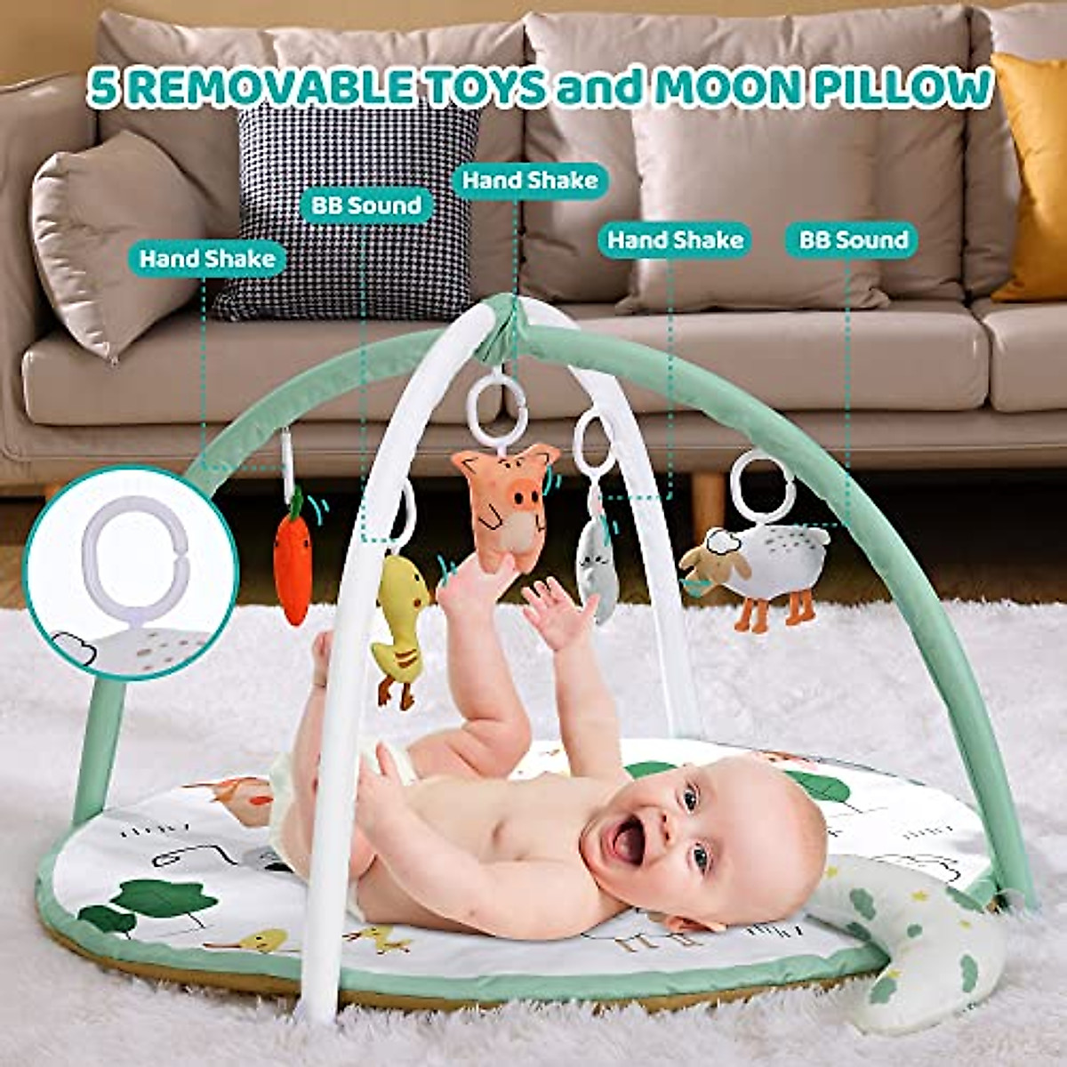 2023 New Baby Play Mat, Agiyimi Baby Gym Activity Center with 5 Sensory Toys + 1 Pillow, Cognitive Gift for Babies and Toddlers, 14 Oz Extra Padded Non Slip