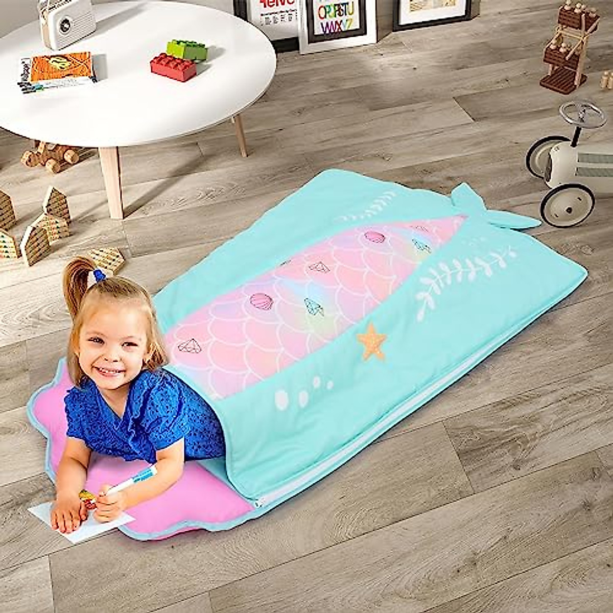 JISEN Toddler Nap Mat Kids Sleeping Bag with Removable Pillow and Blanket Nap Mat for Toddlers for Daycare Preschool Kindergarten Camping Travel Mermaid