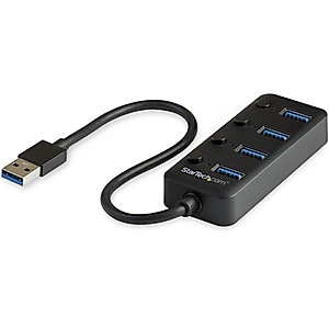 StarTech.com 4 Port USB 3.0 Hub - USB-A to 4x USB 3.0 Type-A with Individual On/Off Port Switches - SuperSpeed 5Gbps USB 3.1/3.2 Gen 1 - USB Bus Powered - Portable - 9.8" Attached Cable (HB30A4AIB)