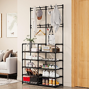 UDEAR 5-Tier Coat and Shoe Rack, Entryway Coat Rack with 8 Hooks, Double Row Shoes Organizer for Living Room, Bedroom, Office, Black