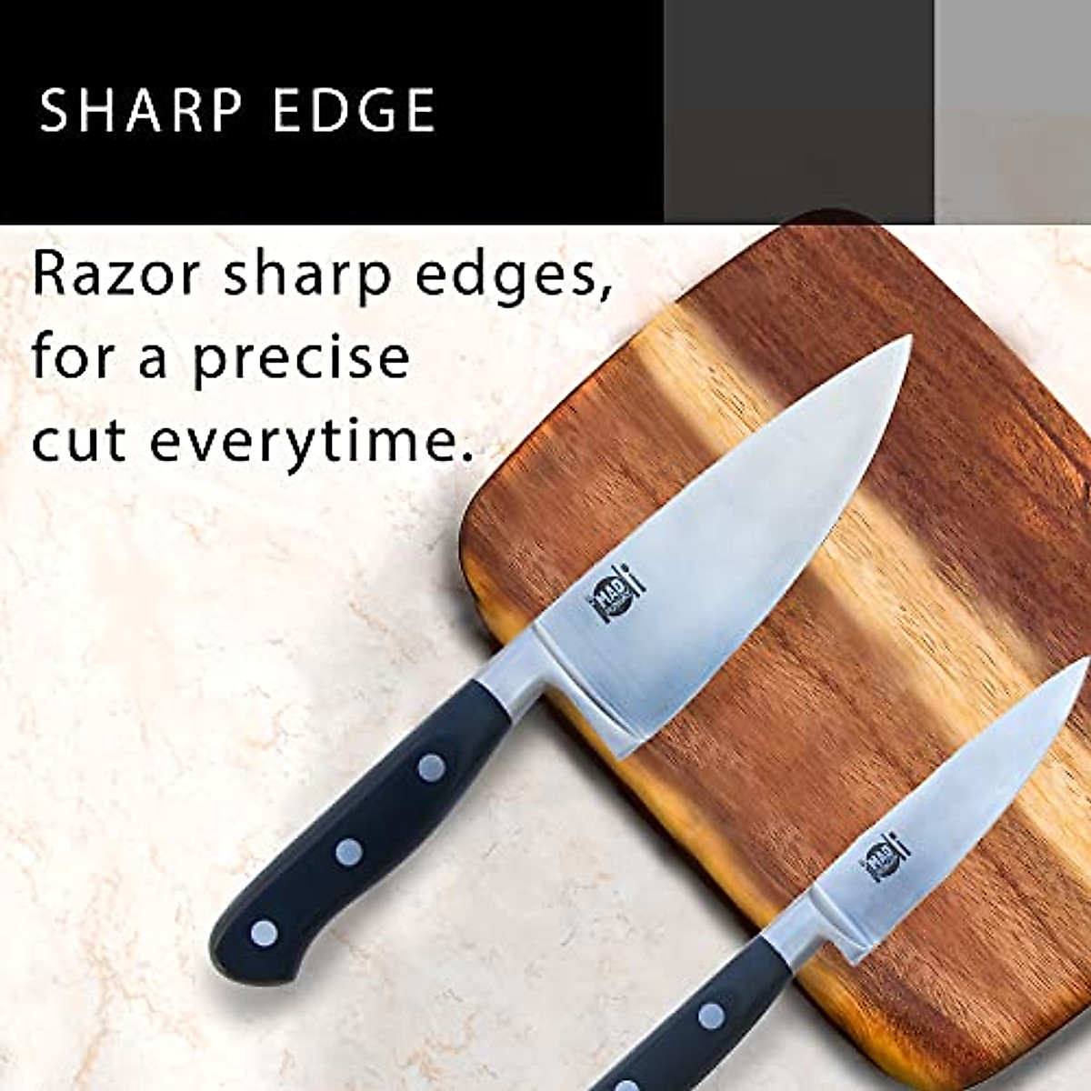 Mad Hungry 4-Piece Forged Specialty Knife Set - 6" Chef, 4.5" Serrated Utility, 3.5" Paring, & 3" Birds Beak Knives Kitchen (Black)