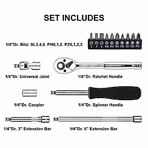 Mayouko 62 Pieces 1/4 Inch Drive Socket Set, SAE/Metric, 1/4" Dr. Socket Set with Ratchet and Adapters, 5/32-Inch - 9/16-Inch, 4mm - 14 mm