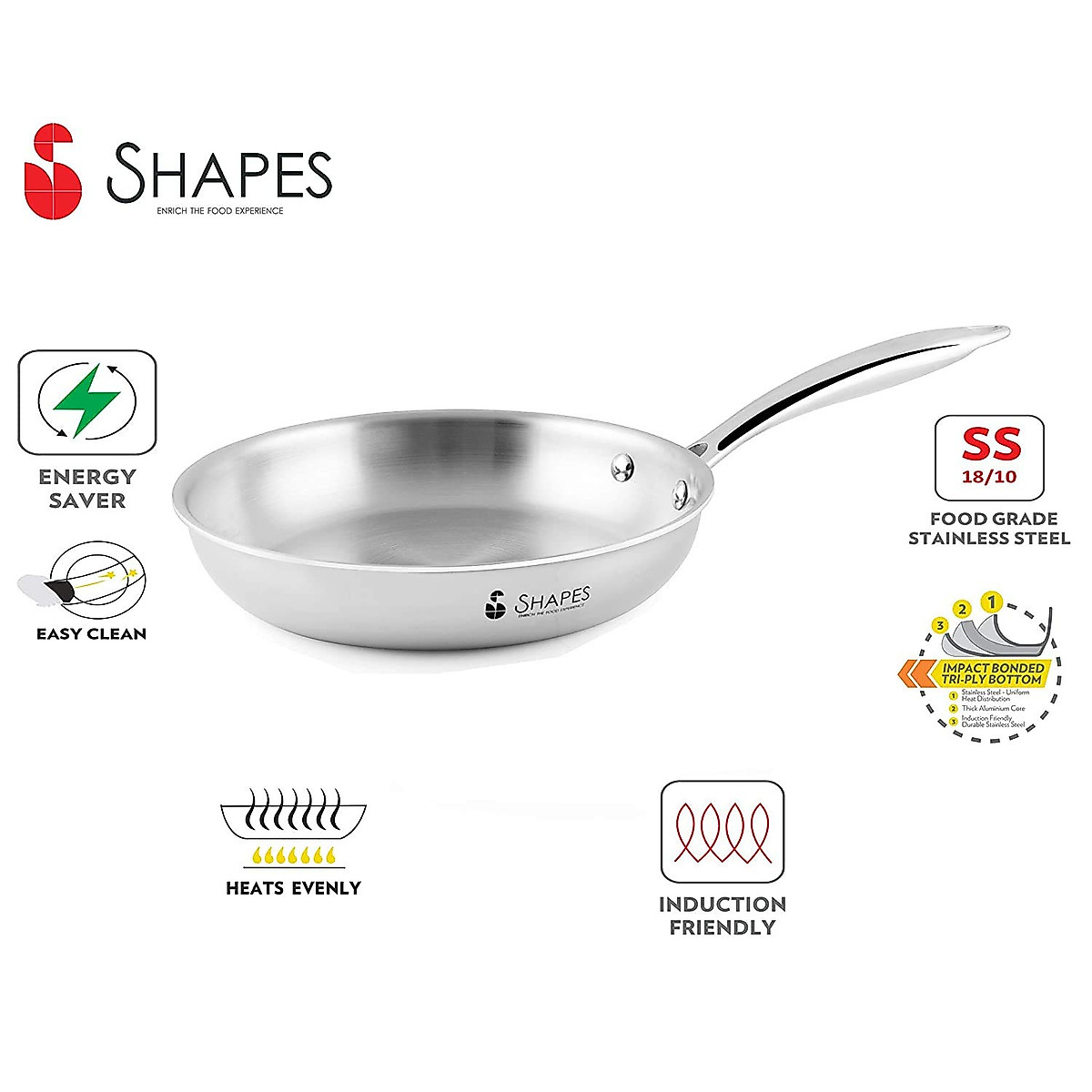 Shapes Steel Stainless Tri-ply Frying Pans - Induction Ready, Easy to Clean, Dishwasher Safe, Silver, Capacity 1 Quart - With Robust Handle - Use for Home, Kitchen & Restaurant (7.8 Inch)