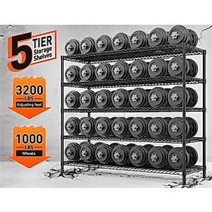 REIBII 85.7"H Storage Shelves 3200LBS 5 Tier Wire Shelving Unit with Wheels 55.5" W Heavy Duty Shelving Rack Adjustable Metal Shelves for Kitchen Pantry College Dorm School 85.7"H X 55.5"W X 24.2"D