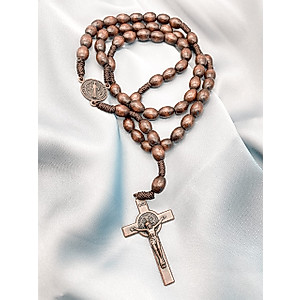 Nazareth Store St.Benedict Wood Beads Rosary Necklace Cord Beaded Catholic Rosary Saint Medal with Cross in Bronze Plating