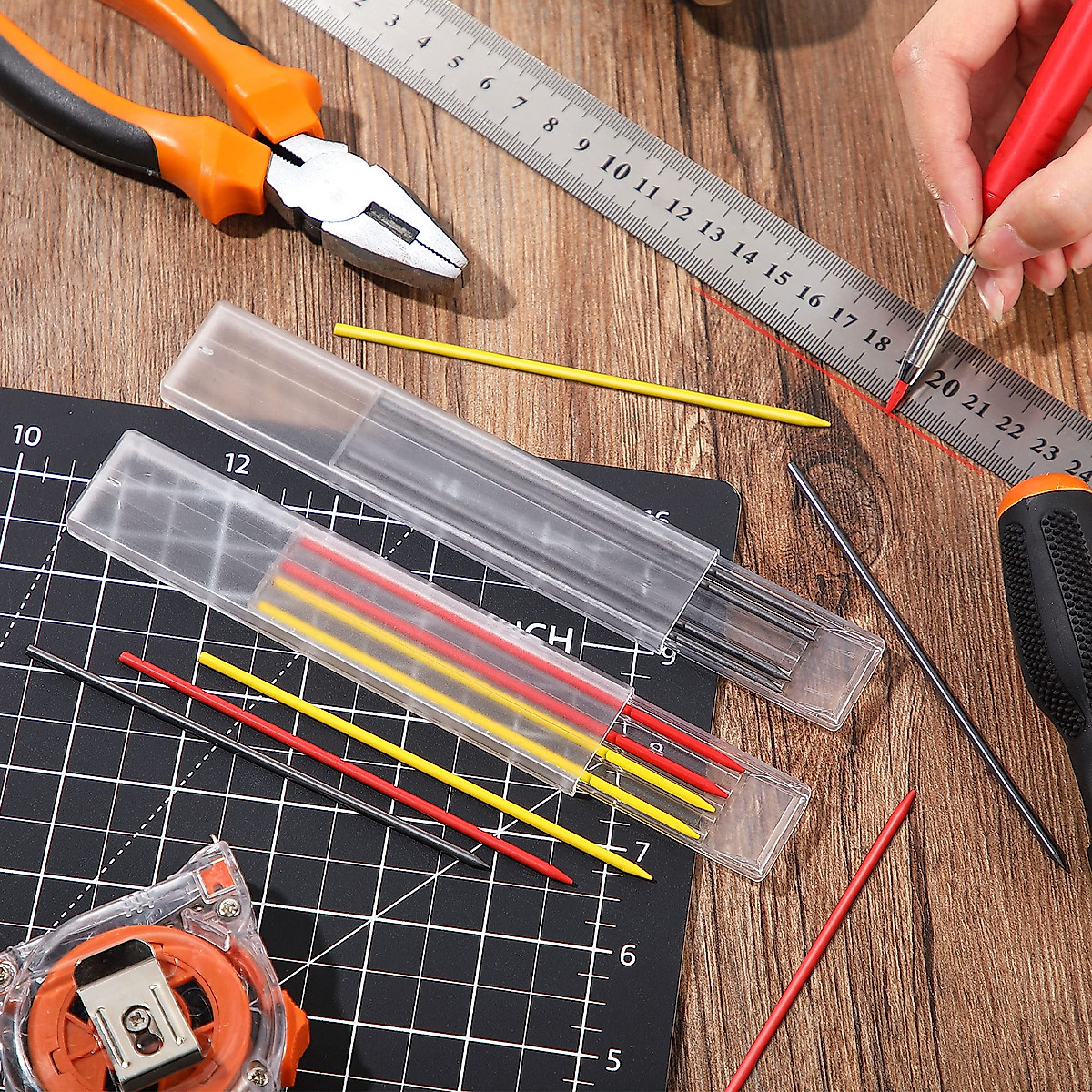 Hiboom 2 Pack Solid Carpenter Pencil with 14 Refill, Long Nosed Deep Hole Mechanical Pencil Marker with Built-in Sharpener for Carpenter Woodworking Architect Fathers Day Gift (Black, Red)