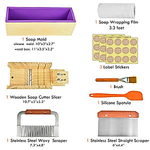 Artcome Loaf Soap Making Cutting Mold Kit Multi-Function Adjustable Wood Soap Mold Set - Rectangular Silicone Mold Set with Stainless Steel Wavy & Straight Cutter
