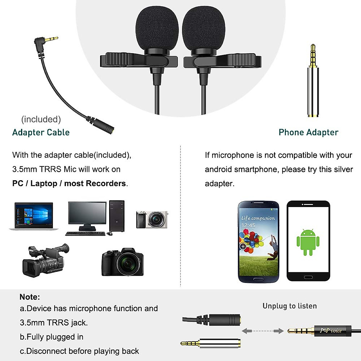 PoP voice Premium 16 Feet Dual-head Lavalier Microphone, Professional Lapel Clip-on Omnidirectional Condenser Mic for Apple iPhone,Android,PC,Recording Youtube,Interview,Video Conference,Podcast