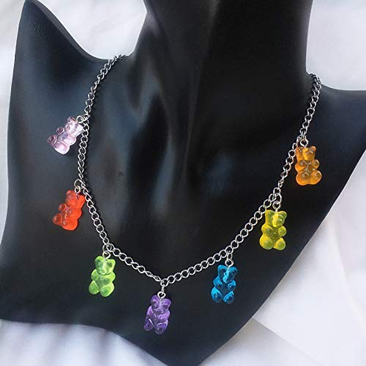 Colorful Gummy Bear Necklace Bracelet Hairpin Set Fashion Resin Candy Color Tiny Animal Charms Dangling Pendant Necklace Barrette for Women Adorable Gift