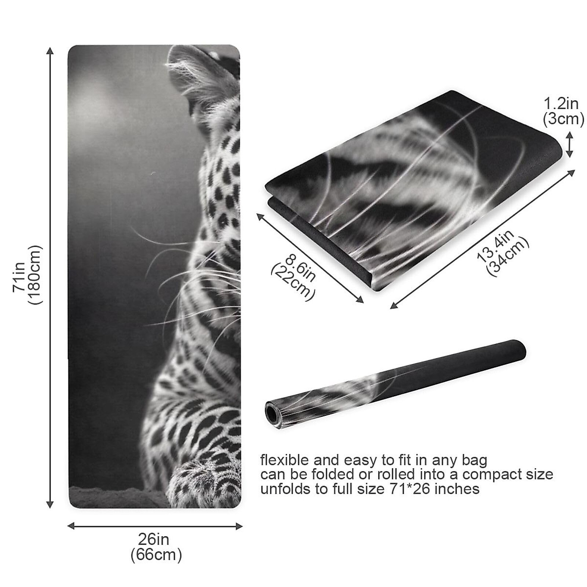 GOODOLD Blue Eyes Leopard Yoga Mat, 71 x 26 Inch Non-slip Yoga Mats Folding Travel Exercise Mat Indoor Outdoor Gym Pilates with Storage Bag for Women Men