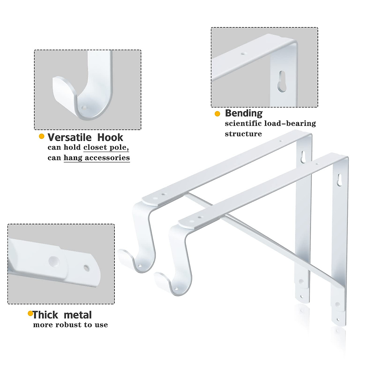Closet Rod Bracket, Heavy Duty Shelf Bracket with Rod Holder, 11x 10-1/5 inch White Closet Rod Support Wall Mounted Clothes Hanger Pole Support Hooks, 4 Pack