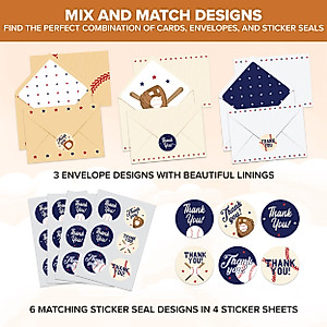 Decorably Baseball Thank You Cards, 24pcs Greeting Card with 6 Designs, Blank Inside, 6x4 inch, Matching Envelopes & Stickers, Perfect for Birthday, Coach, Father's Day, Kid Thank You Cards