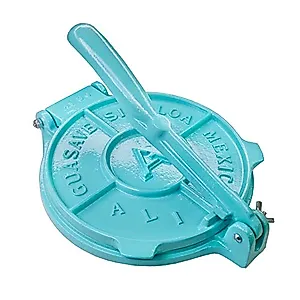 Tortilla Press 8 Inch Turquoise- Cast Aluminum Tortilla Maker - Heavy-Duty Taco Presser - Made In Mexico Corn Flour Tortilla Press for Homemade Mexican Food - Tortillera Para Hacer Tortillas - 2.5lbs