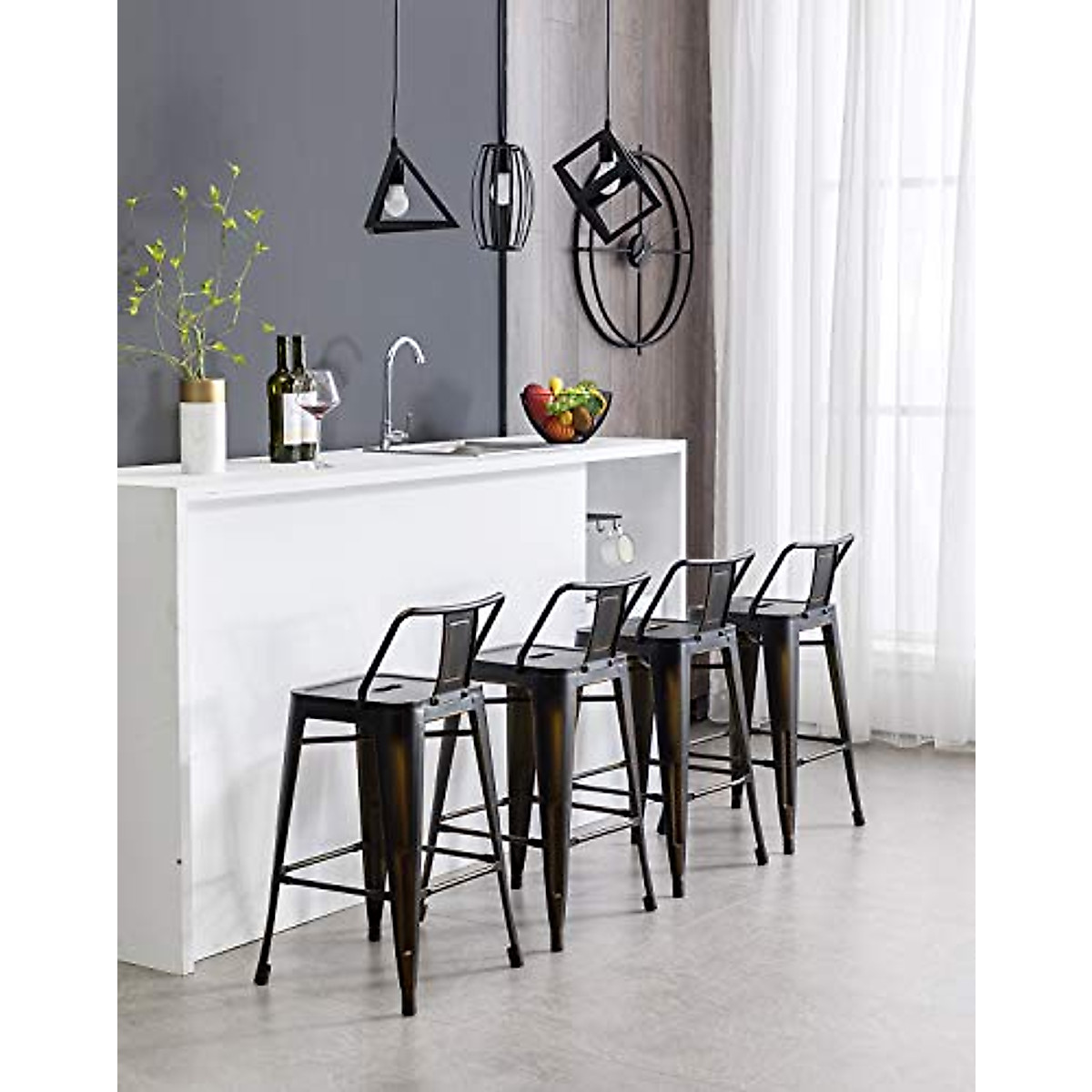 HAOBO Home Modern Industrial Metal Barstools Distressed Bar Stools Counter Height Stools [Set of 4] (24" Low Back Distressed Golden)