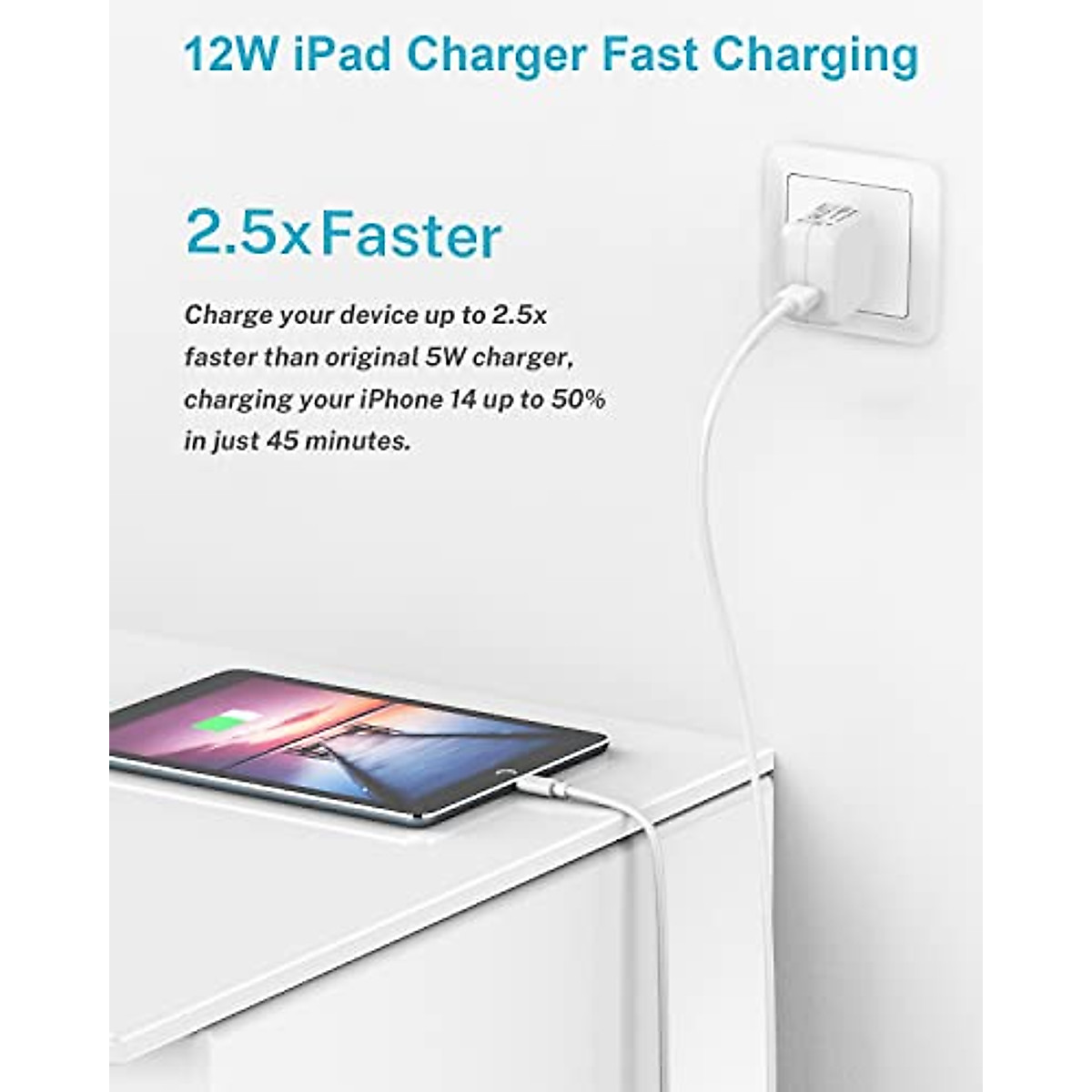 Apple iPad Charger Wall Charger and Cord 10 ft 2Set,12W iPad Charger Fast Charging Block & iPad Charger Cord 10 ft Apple Certified Lightning Cable for iPad 7th 8th 9th Generation,iPad Air/Mini,iPhone