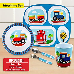 5 Pc Mealtime Set for Kids & Toddlers, Train Theme-Includes Divided Plate, Bowl, Fork & Spoon - Dishwasher Safe, Durable, BPA Free-Cute Compartment Dish to Put Food in 4 Sections for Easy Self-Feeding