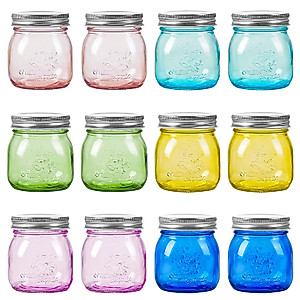 Amzcku Colored Mason Jars 8 oz with Metal Lids - Regular Mouth Canning jar for Jam, Honey, Wedding Favors, Shower Favors, Pickling, Food Storage, Jelly, DIY Spice Jars, 12 Pack