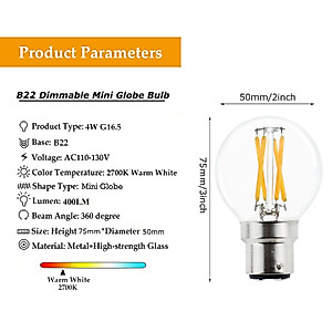 Greeogin Dimmable 4W B22 G16.5 Vintage Bayonet LED Mini Globe Blub Warm White 2700K, 40W Halogen Replacement for Beside Lamp Ceiling Fan Pendant Lights Chandelier Fixture,400 lm 5-Pack