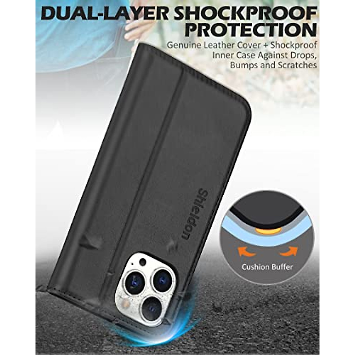 SHIELDON Case for iPhone 14 Pro Max 5G 6.7", Genuine Leather iPhone 14 Pro Max Wallet Case Flip Cover RFID Blocking Card Slots Magnetic Closure Case Compatible with iPhone 14 Pro Max 2022 - Black