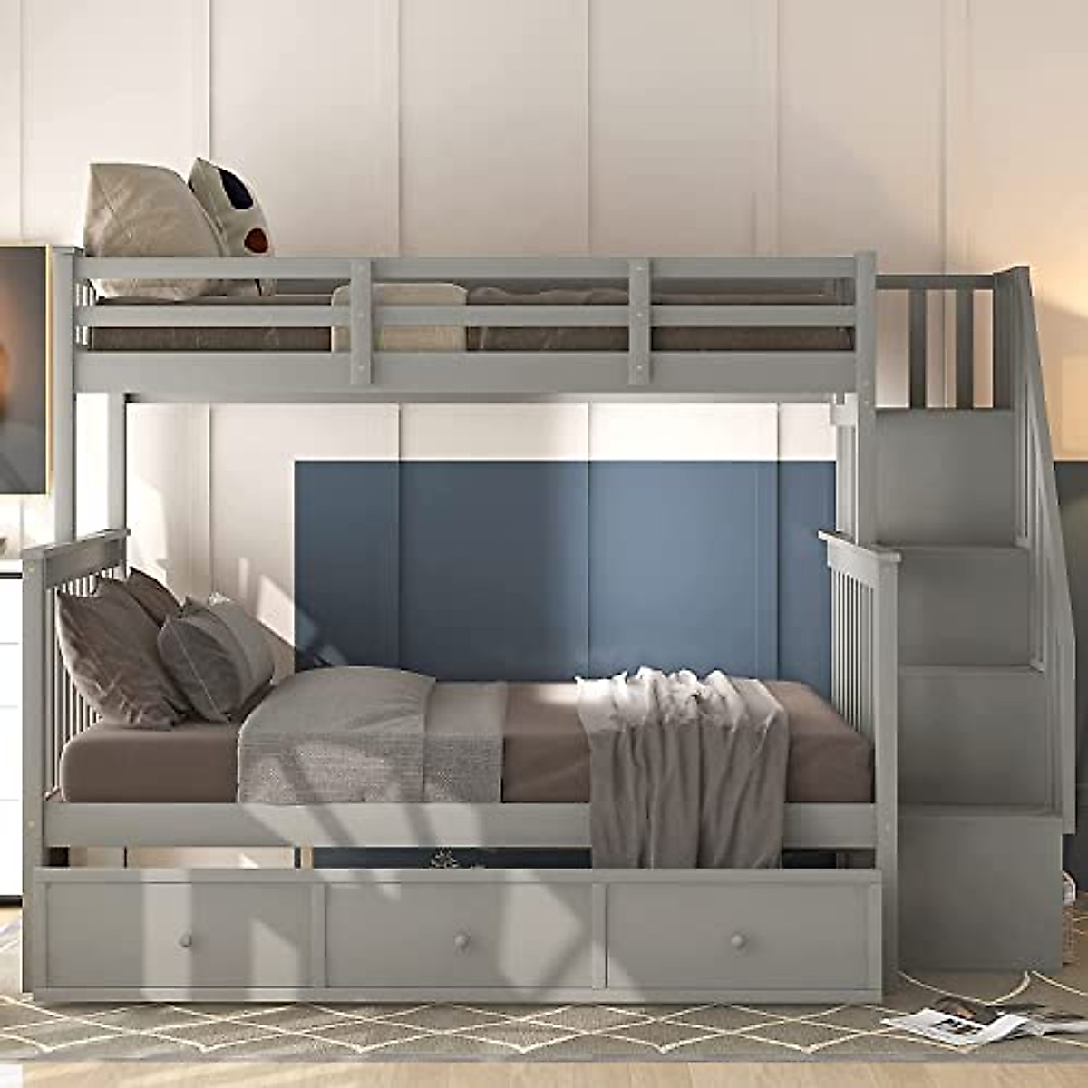 Harper & Bright Designs Twin Over Full Bunk Bed with Storage Drawer, Wood Bunk Beds with Stairway, Storage Shelf and Full-Length Guard Rail, Kids bunk Bed Twin Over Full, No Box Spring Needed (Gray)