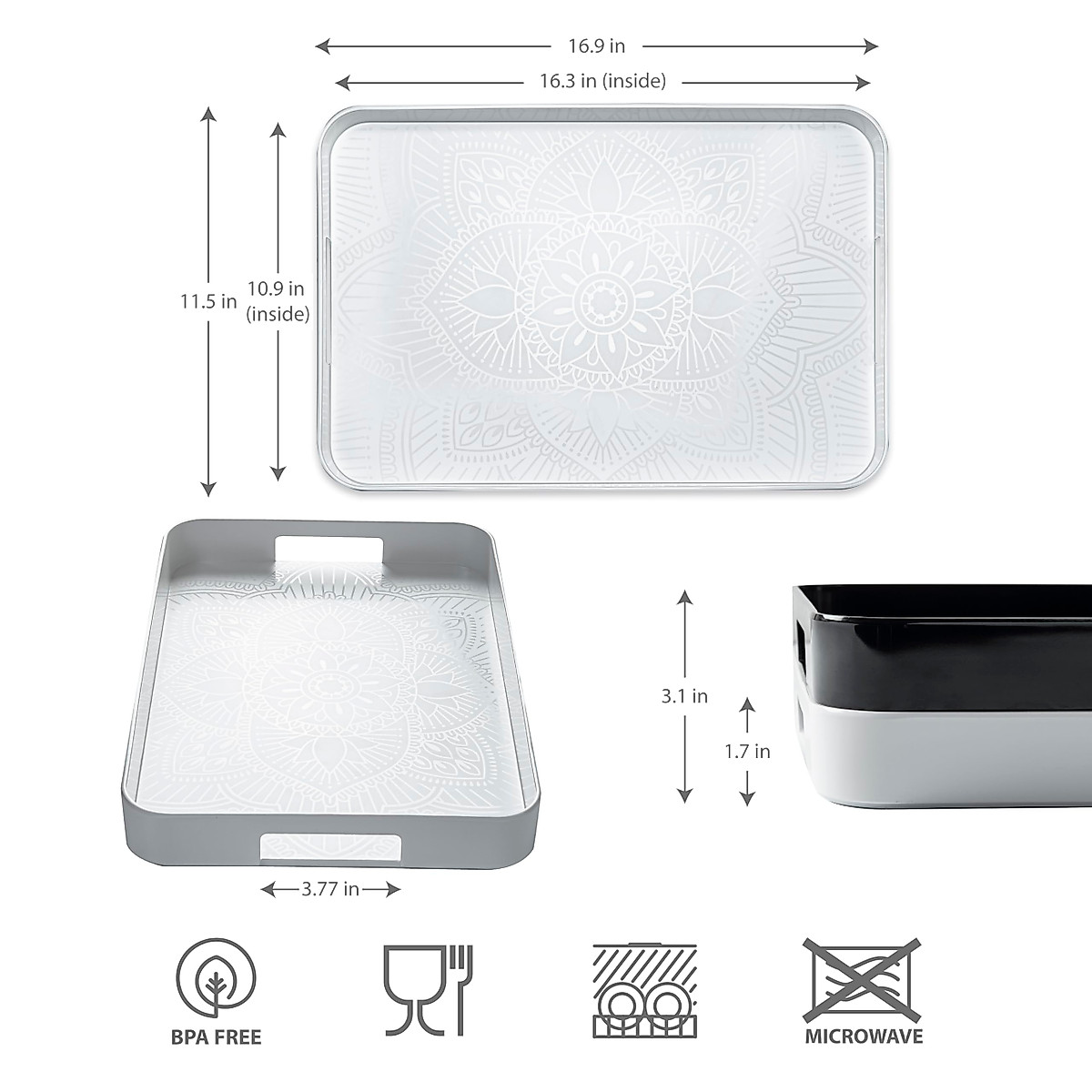 Bzyoo Melamine Gallery Tray -11.5in x 16inch Large Rectangle Serving Tray with Handle for Entertaining, Ottoman and Kitchen Counter Decor, Decorative Home Coffee Table Tray or Vanity Tray - White