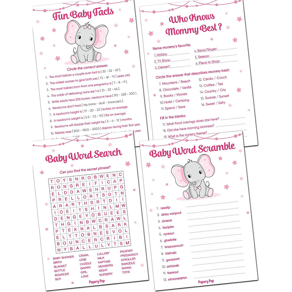 Papery Pop Baby Shower Games for Girl - Set of 4 Games for 30 Guests - Double Sided Cards - Baby Shower Supplies - Elephant