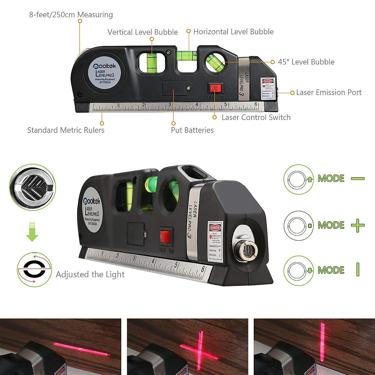 Qooltek Multipurpose Laser Level 8 feet Measure Tape Ruler Adjusted Standard and Metric Rulers for hanging pictures with Metal Tripod Stand