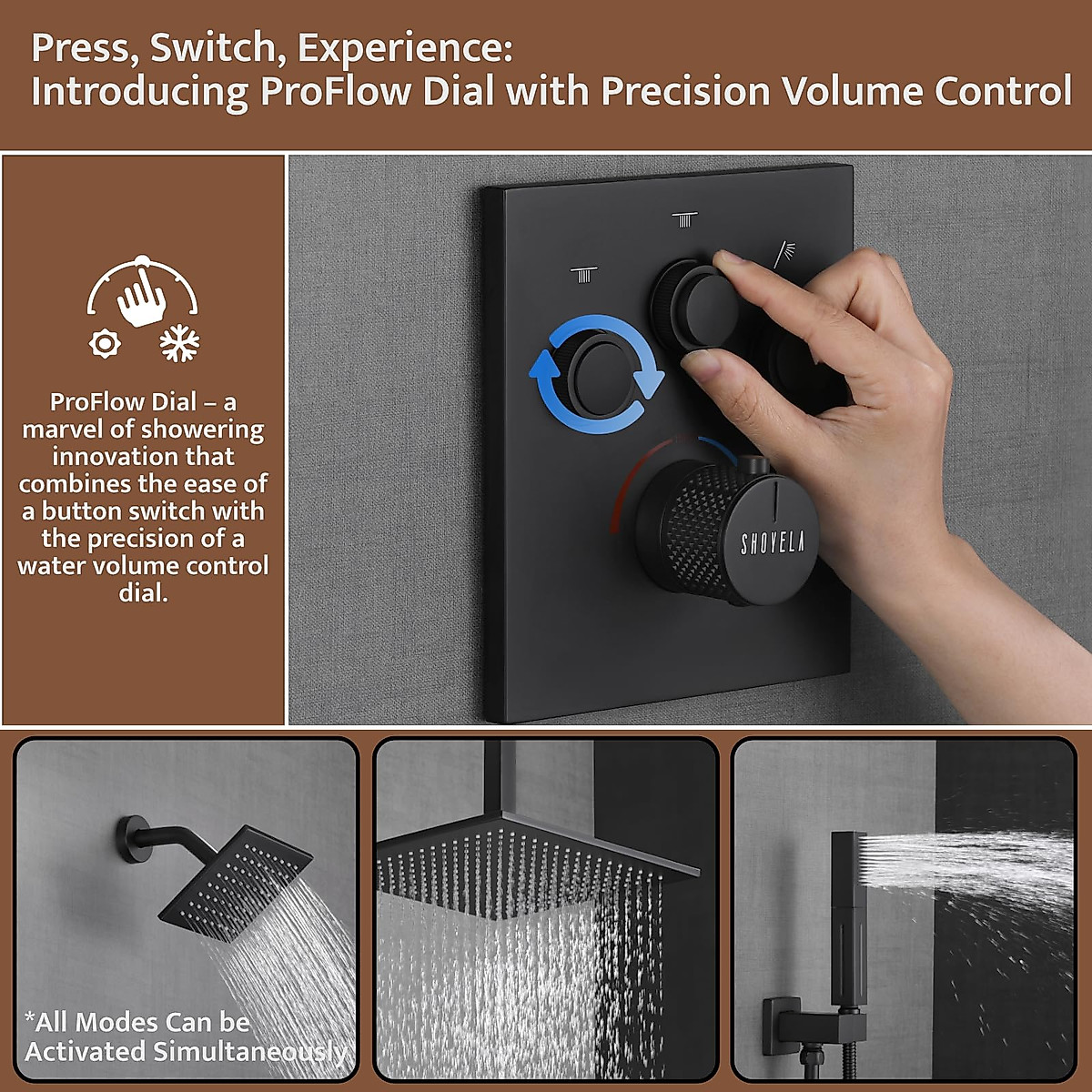 SHOYELA Thermostatic Shower System Matte Black, Push Button Diverter Shower Faucet with 2 in 1 Handheld, Ceiling Mount 12 Inch Shower Head with 6 Inch Wall Mount Shower Head