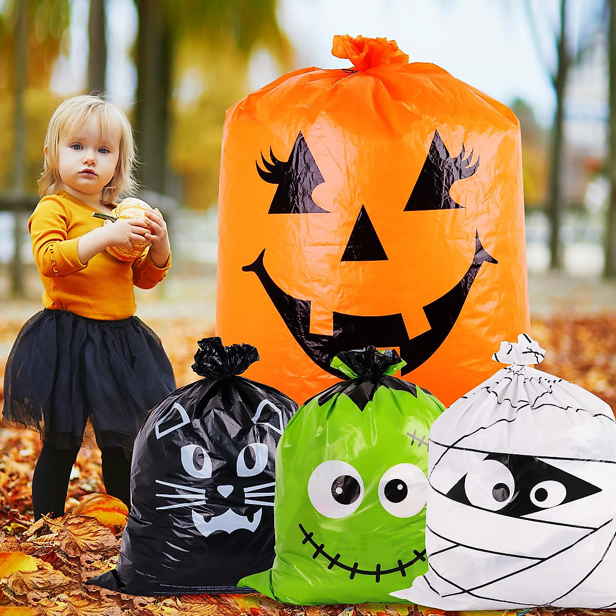 POPGIFTU 12 PCS Halloween Lawn Leaf Bags Pumpkin Lawn Bags, with 6 Halloween Pattern Designs, Plastic Outdoor Fall Leaf Trash Bag for Fall Decorations Outdoor Yard Lawn Halloween Decorations