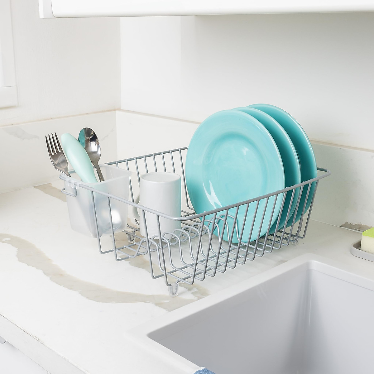 Smart Design Dish Drainer Rack - Small - in Sink or Counter Drying - Steel Metal Wire - Cutlery, Plates, Dishes, Cups, Silverware Organization - Kitchen (Silver - 14 x 5.5 Inch)