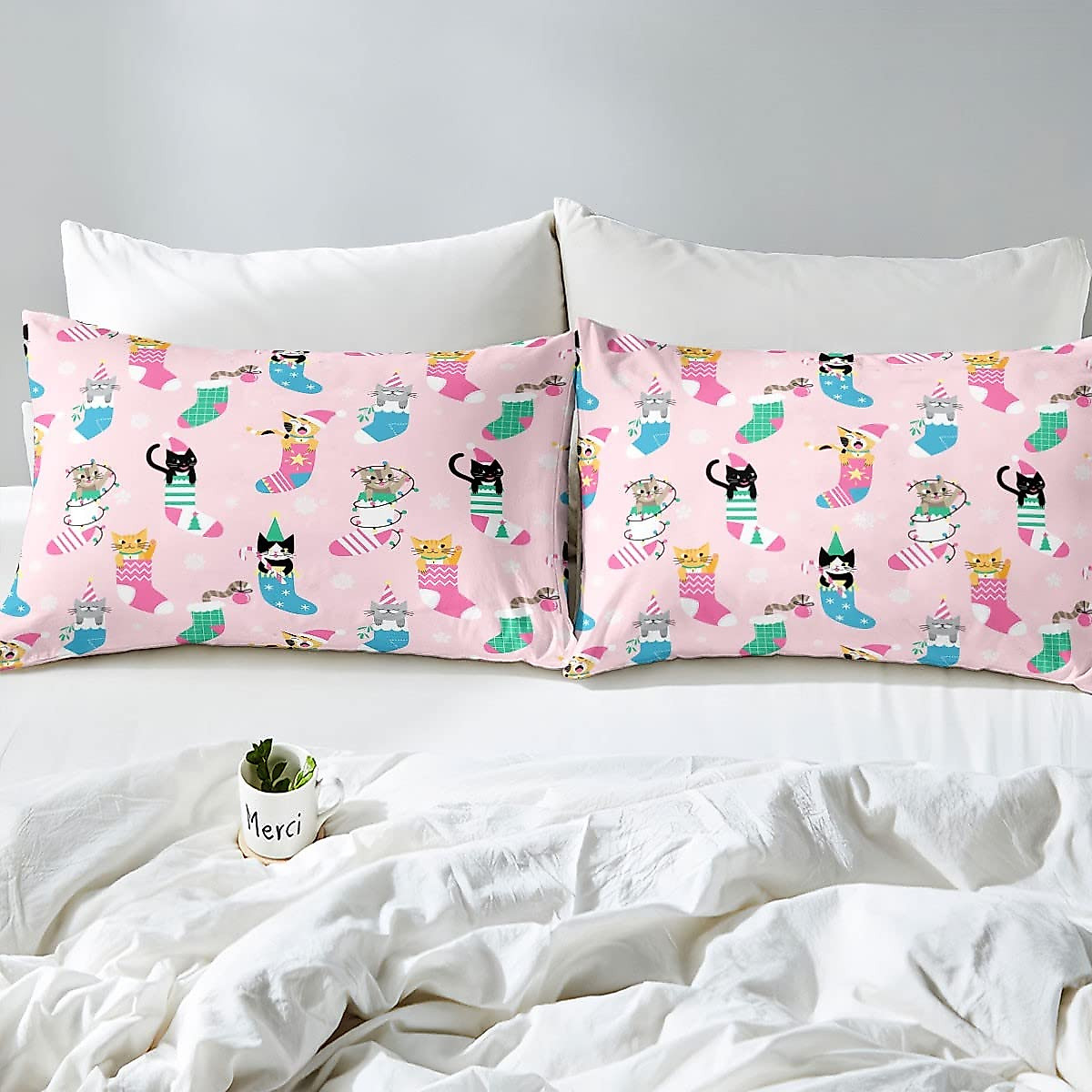 Erosebridal Christmas Cat Bedding Sets Twin Cute Animal Comforter Cover Kawaii Kitten Bed Sets Colorful Xmas Stocking Duvet Cover White Snowflake Quilt Cover for Kids Boys Girls Room Decor