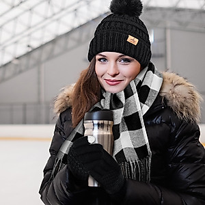 Winter Hat Scarf Gloves and Ear Warmer, Knit Warm Beanie Hat Touch Screen Gloves Long Knitted Plaid Scarf Set Gifts for Women Black