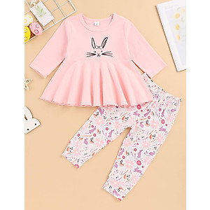 bilison Toddler Baby Girl Easter Outfit Sets Cute Long Sleeve Dress Top Bunny Floral Pants Girl Easter Clothes Sets