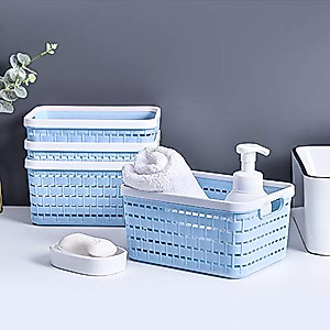5Pack Plastic Storage Basket Blue, Desktop Weave Baskets with Handle, Portable Bathroom Open Storage Bin, Small Plastic Containers Shelf Brackets for Shelves Countertop Kitchen Cabinet Office