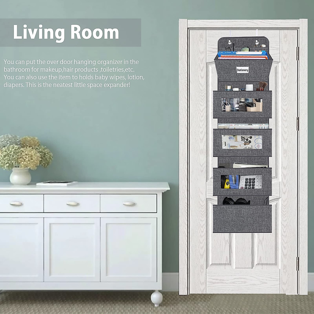 VERONLY Over The Door Organizer, Hanging Pantry Storage - Behind Door Organizer with 4 Large Pocket and a Mail Organizer for Baby, Nursery, Diapers, Clothes, Bedroom(Dark Grey)