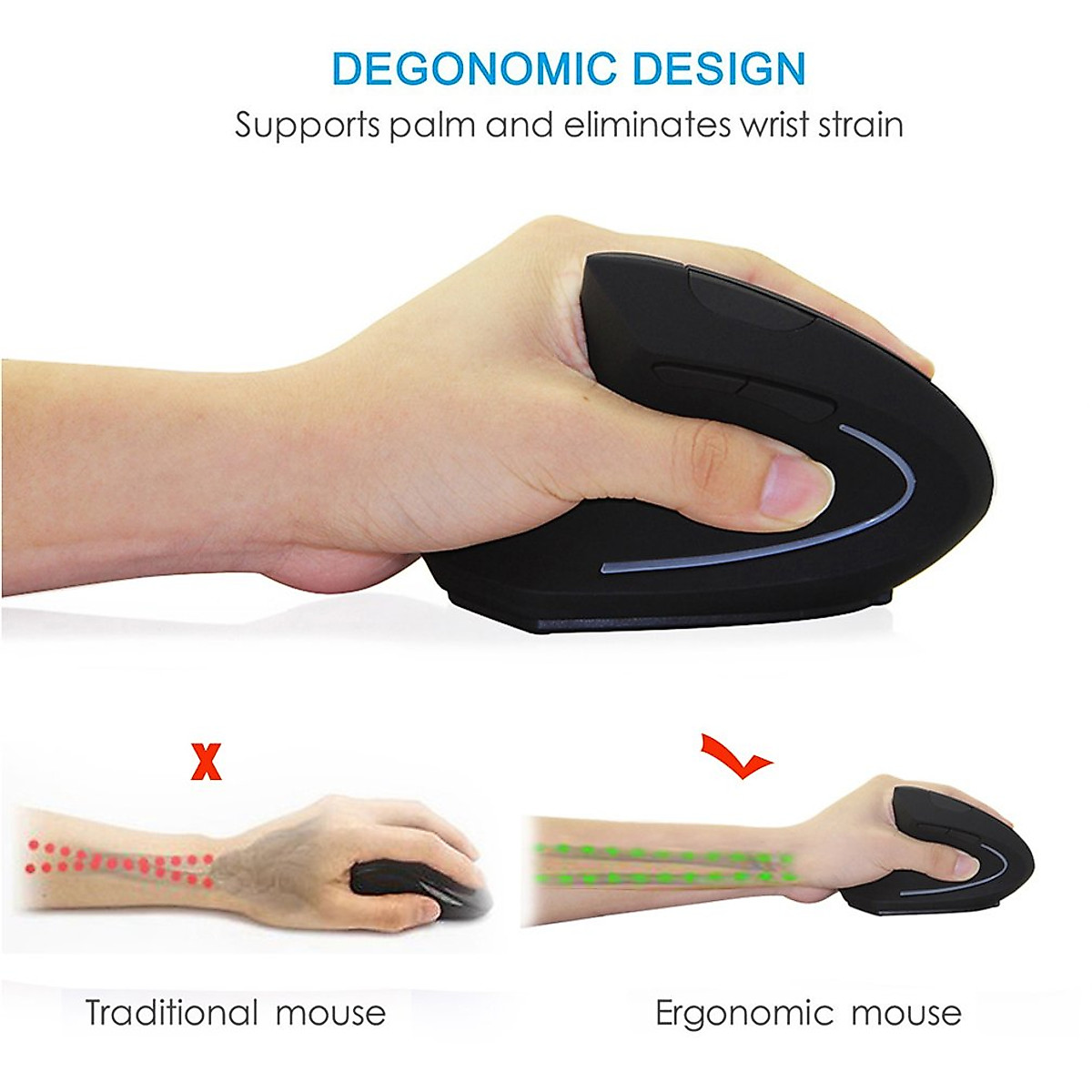 Wireless Mouse Ergonomic Vertical Left-Handed Mouse Ergo LED Light High Precision Optical Cordless Lightweight Left Hand Mice Women Men Gift for PC Computer Laptop Mac Office,1600 DPI,Side Buttons