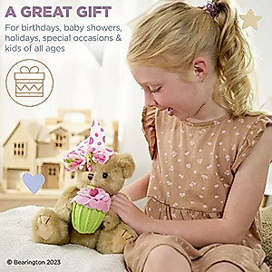 Bearington Casey The Birthday Cake Bear: 10” Tall Stuffed Teddy with Ultra-Soft Faux-Fur, Expressive Face, Adorable Hair Bow and Plush Cupcake, Machine Washable, Birthday Gift for Kids or Adults