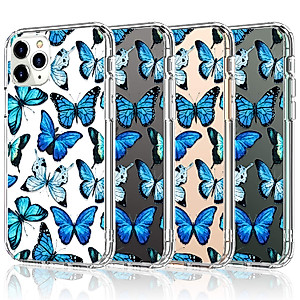 LUHOURI Designed for iPhone 11 Pro Max Case with Screen Protector - Slim Fit, Sturdy Clear Acrylic Cover for Women and Girls - Protective Phone Case 6.5" - Floral Blue Butterflies