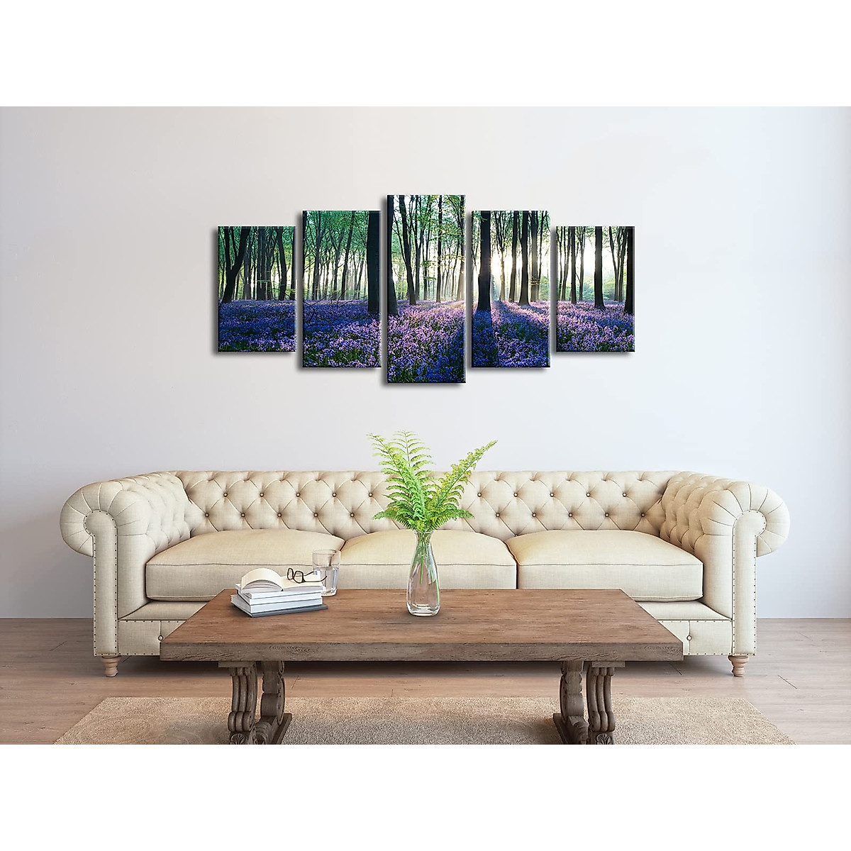 Pyradecor Early Morning Lavender Canvas Prints Wall Art Purple Floral Pictures Paintings for Bedroom Kitchen Bathroom Home Decor Modern 5 panels Stretched and Framed Flowers Landscape Giclee Artwork